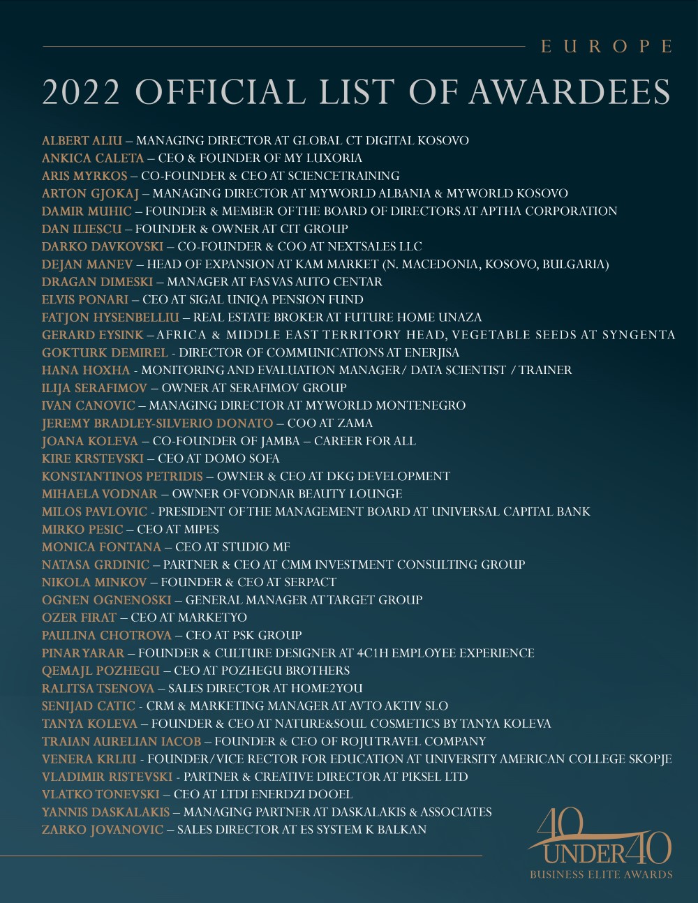 40 Under 40 - Business Elite Awards